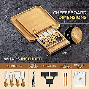 Cheese Board and Knife Set - Premium Quality Bamboo Charcuterie Platter for Slicing Cheese, Meat, Fruits, Vegetables - Hidden Drawer with 4 Stainless Steel Cutting and Serving Utensils - by Weegee