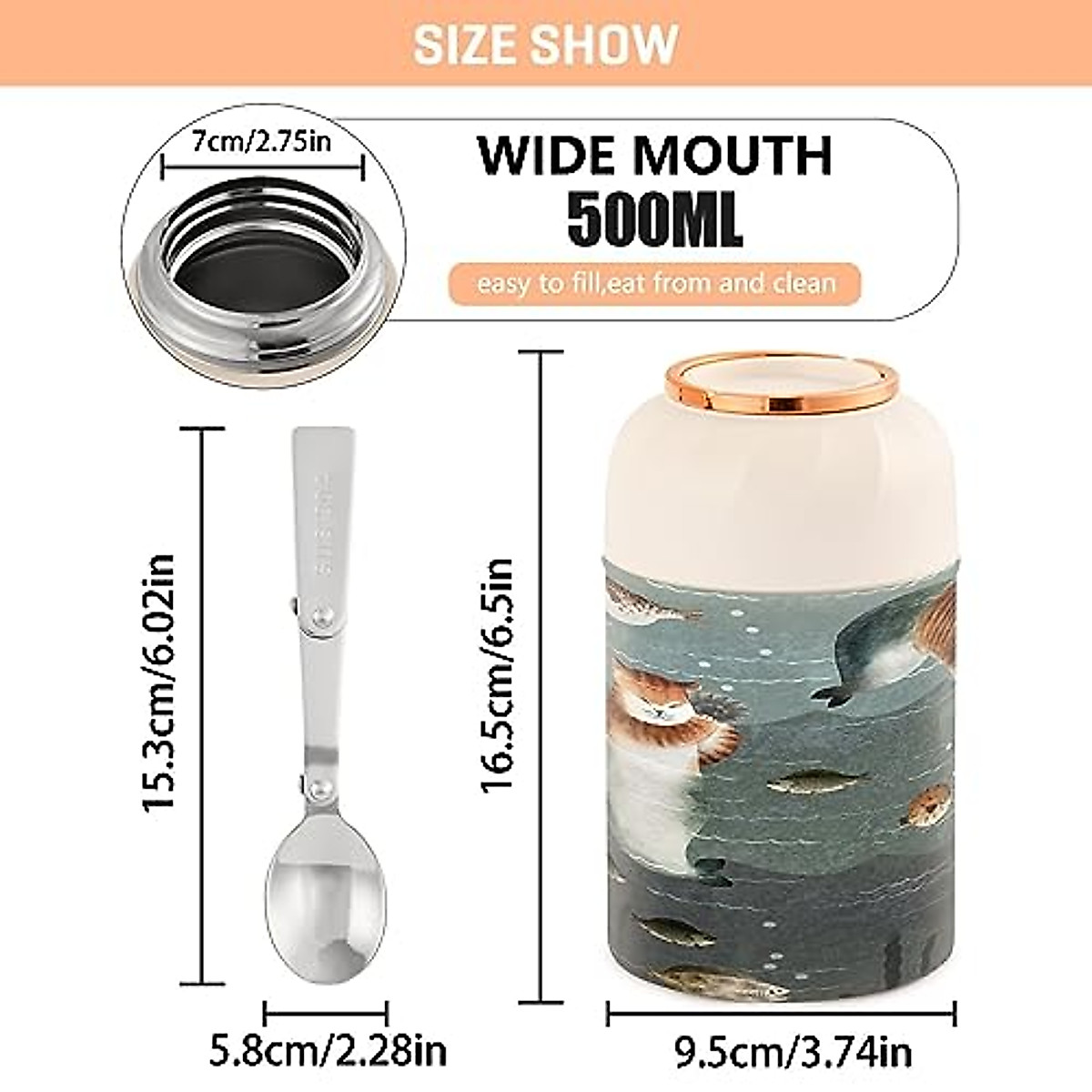 CUPADA Watercolor Cat Seamaid Food Jar, Sea Waves Fishes Insulated Hot Food Jars Vacuum 17OZ with Folding Spoon for Work Trip Picnic Camping