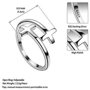 Sterling Silver Polished Cross Ring Mens Adjustable Double Wrap Sideways Cross Ring for Women Daughter friend Easter Gift Amulet Jewelry for Wedding Engagement FR0009W