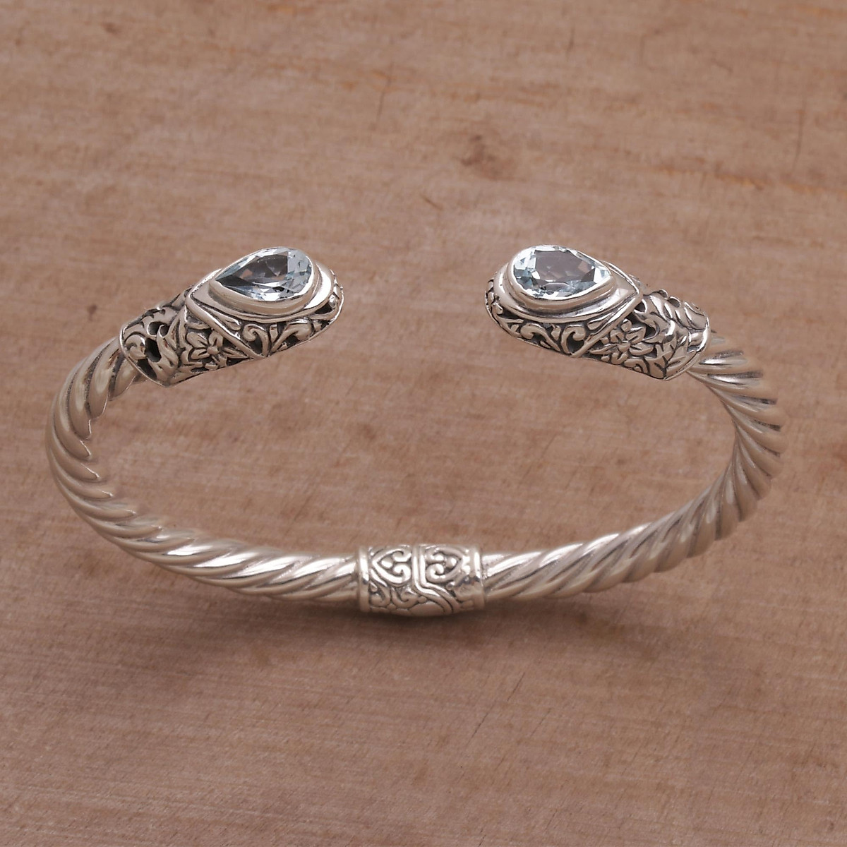 NOVICA Artisan Handmade Blue Topaz Cuff Bracelet Silver Floral from Bali Sterling Indonesia Birthstone 'Floral Iridescence'