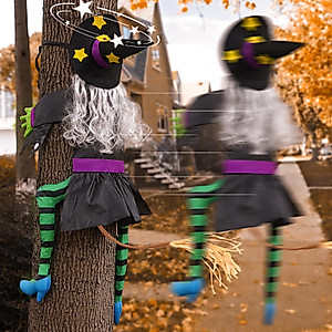 Crashing Which Into Tree Halloween Decorations Witch Decor Clearance Outdoor Hanging Funny Cute Witches with Broom Flying Crashed for Indoor Door Porch Pole Yard Lawn Garden Outside Attract Kids