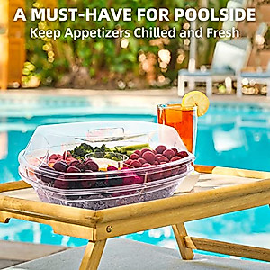 Funyakit Extra Large Appetizer Serving Tray on Ice with Stainless Steel Tongs and Forks, Chilled Platter with Lid, 4 Compartments for Shrimp Cocktail Fruits Veggies Seafood Dips, Cold Dish for Party