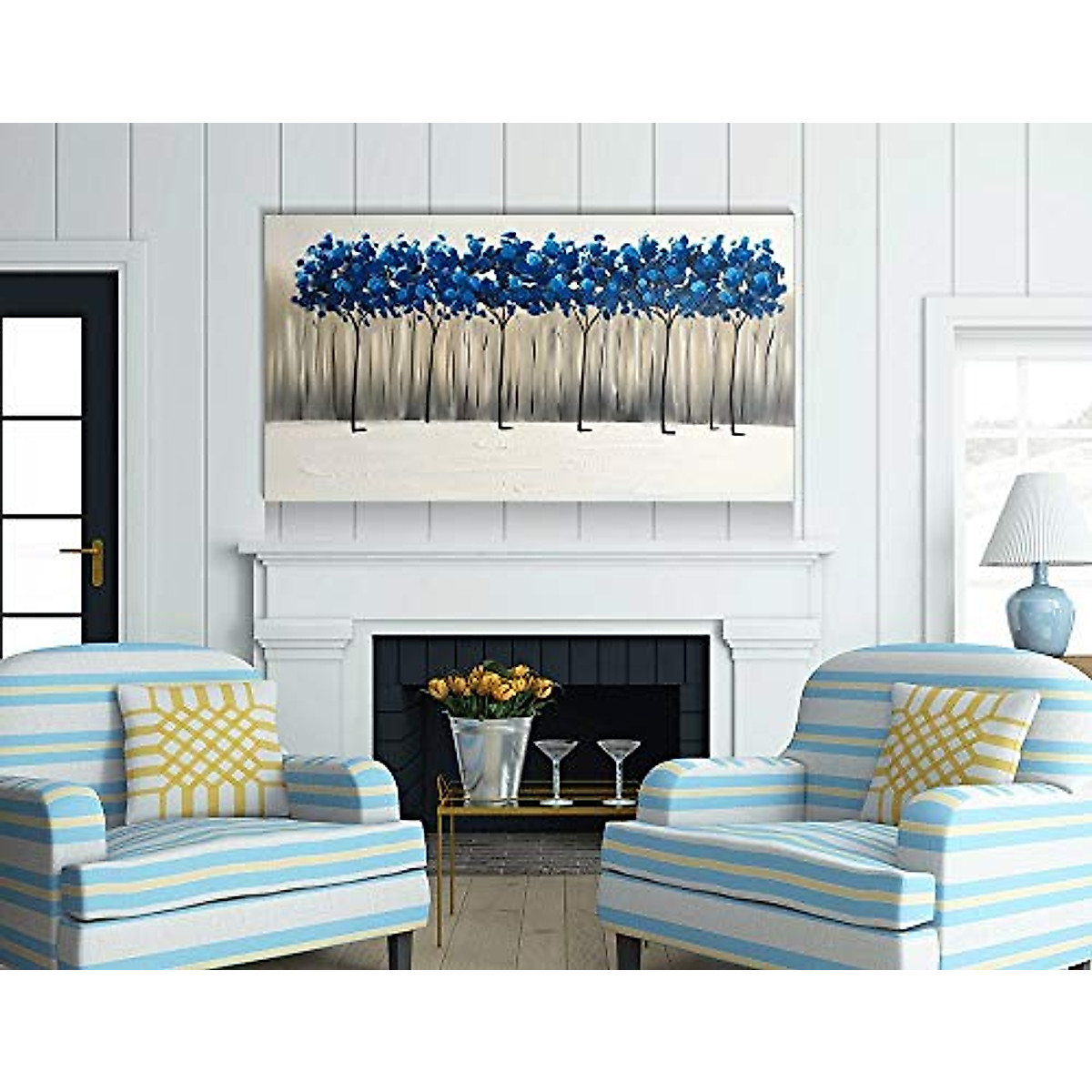 Yihui Arts Landscape Painting Abstract Tree Canvas Art Handpainted Indigo Blue Forest Pictures Artwork for Living Room Bedroom Wall Decor (20Wx40L)