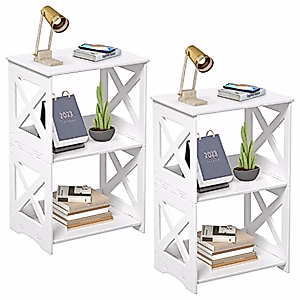 BYFU 3-Tier Side Table Set of 2, Narrow End Table with Storage Shelf, White Nightstand Bedside Table Small Bookshelf Bookcase Display Rack for Bedroom Bathroom Living Room Office