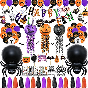93Pcs Halloween Party Decorations, Halloween Birthday Party Decorations Set Including Happy Halloween Banner Wire Lanterns Glow Tattoos Photo Props Spiders Balloons Hanging Swirls Bats Tassels