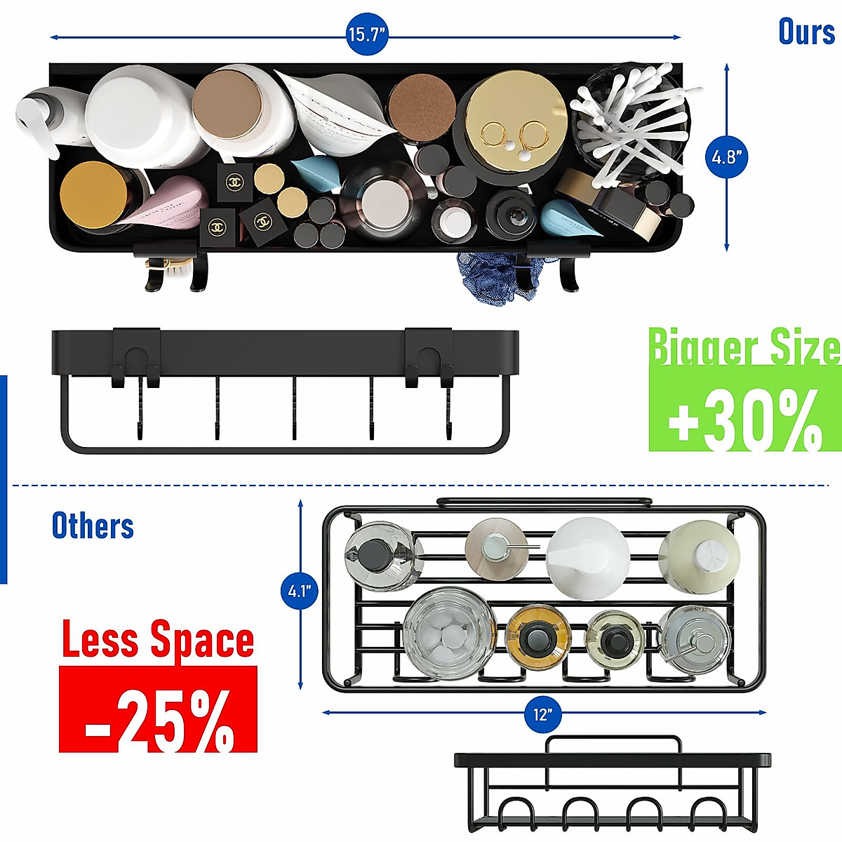 Big Lighting Deals Shower Caddy With Hooks And Towel Bar, Self Adhesive Shower Shelves For Bathroom Wall, Rust Proof Shower Shelf For Inside Shower, Shower Organizer, Black, No Drill, 2 Pack