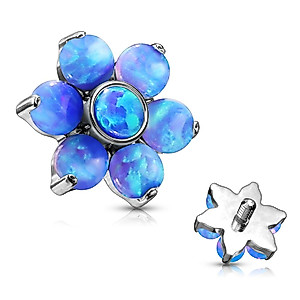 Pierced Owl 14-16G Stainless Steel Synthetic Opal Flower Internally Threaded Dermal Anchor Top (Blue, 14GA (1.6mm))