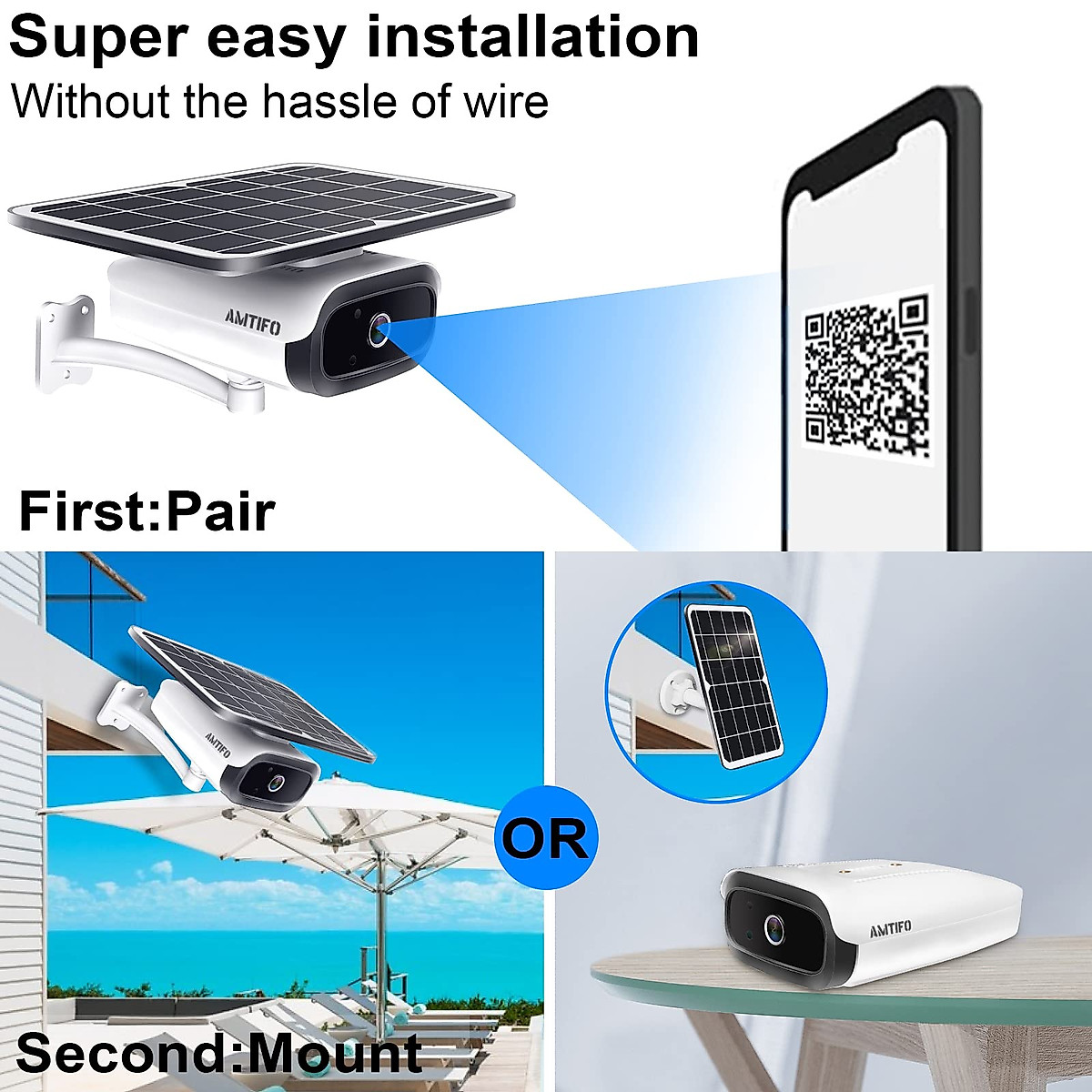 AMTIFO Security Cameras Wireless Outdoor Home Motion Detection Solar WiFi Surveillance Camera System Two Way Audio HD 1080P Video Cam Battery Night Vision W6