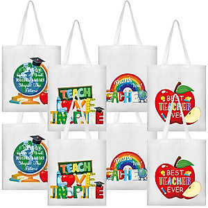Capoda 8 Pack Christmas Appreciation Gifts for Teachers Canvas Tote Bags Retirement Teacher Appreciation Gifts(White)