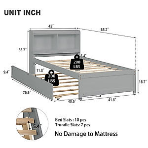 Olela Twin Bed with Trundle Bookshelf, Platform Twin Bed with Trundle with Bookcase Storage for Girls Boys, No Need Box Spring (Grey)