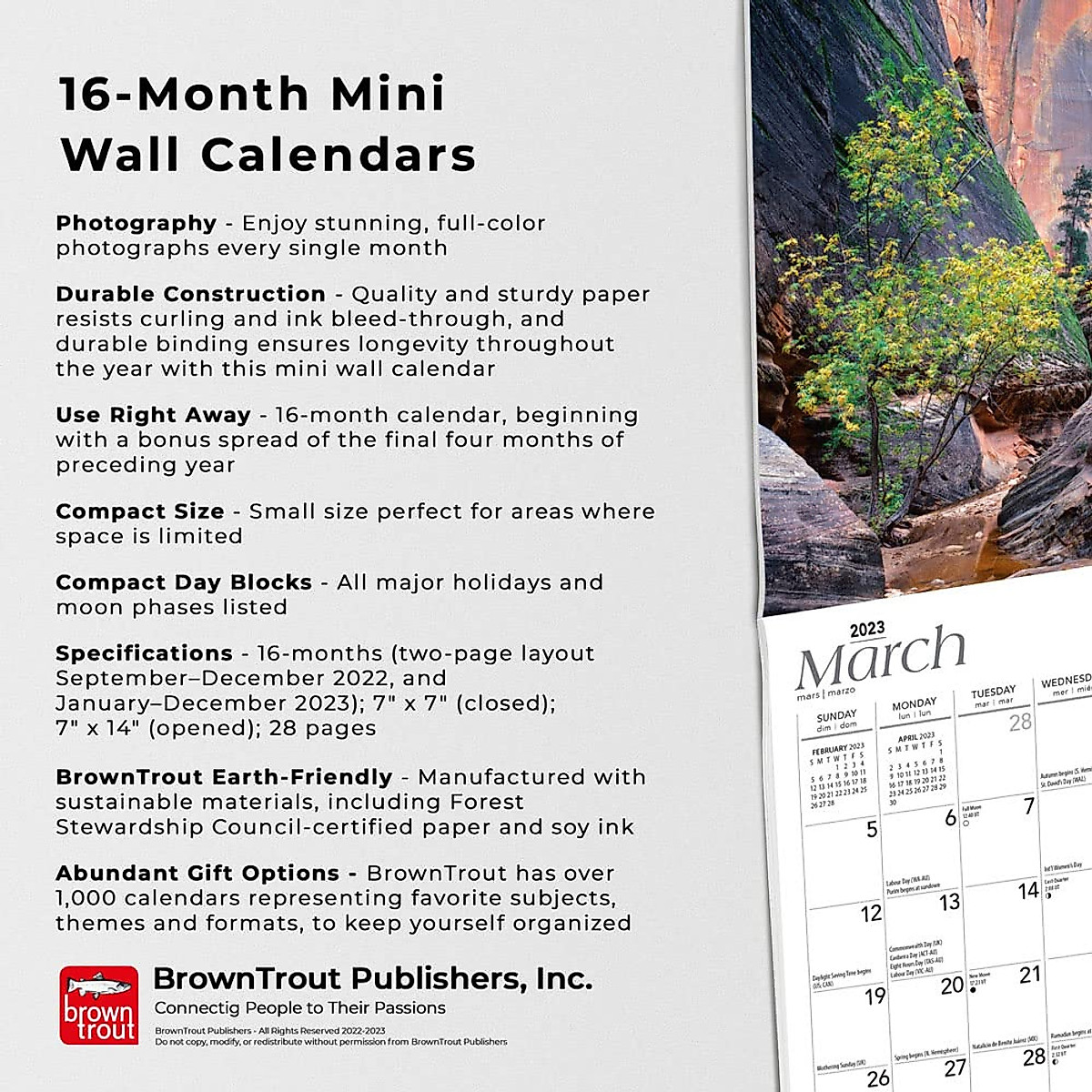 National Parks | 2023 7 x 14 Inch Monthly Mini Wall Calendar | Foil Stamped Cover | BrownTrout | Scenic Yosemite Yellowstone Nature