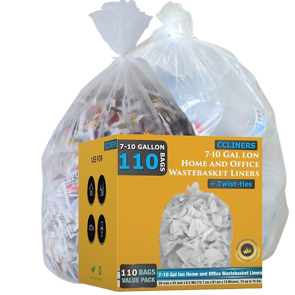 7-10 Gallon Clear Garbage Bags (110 Bags) 29" x 24" Extra Large Medium Kitchen Trash Bags Paper Shredder Bags Can Liners for Home and Office Bins, 110 ct. (Fits 7 Gal, 8 Gal, 9 Gal and 10 Gal Bins)