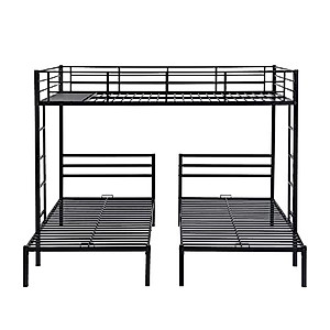 RUNWON Meta L Shaped Triple Bed, Solid Full Over Twin&Twin Bunk Bedframe with Built-in Shelf and 2 Ladders for 3 Kids Teens
