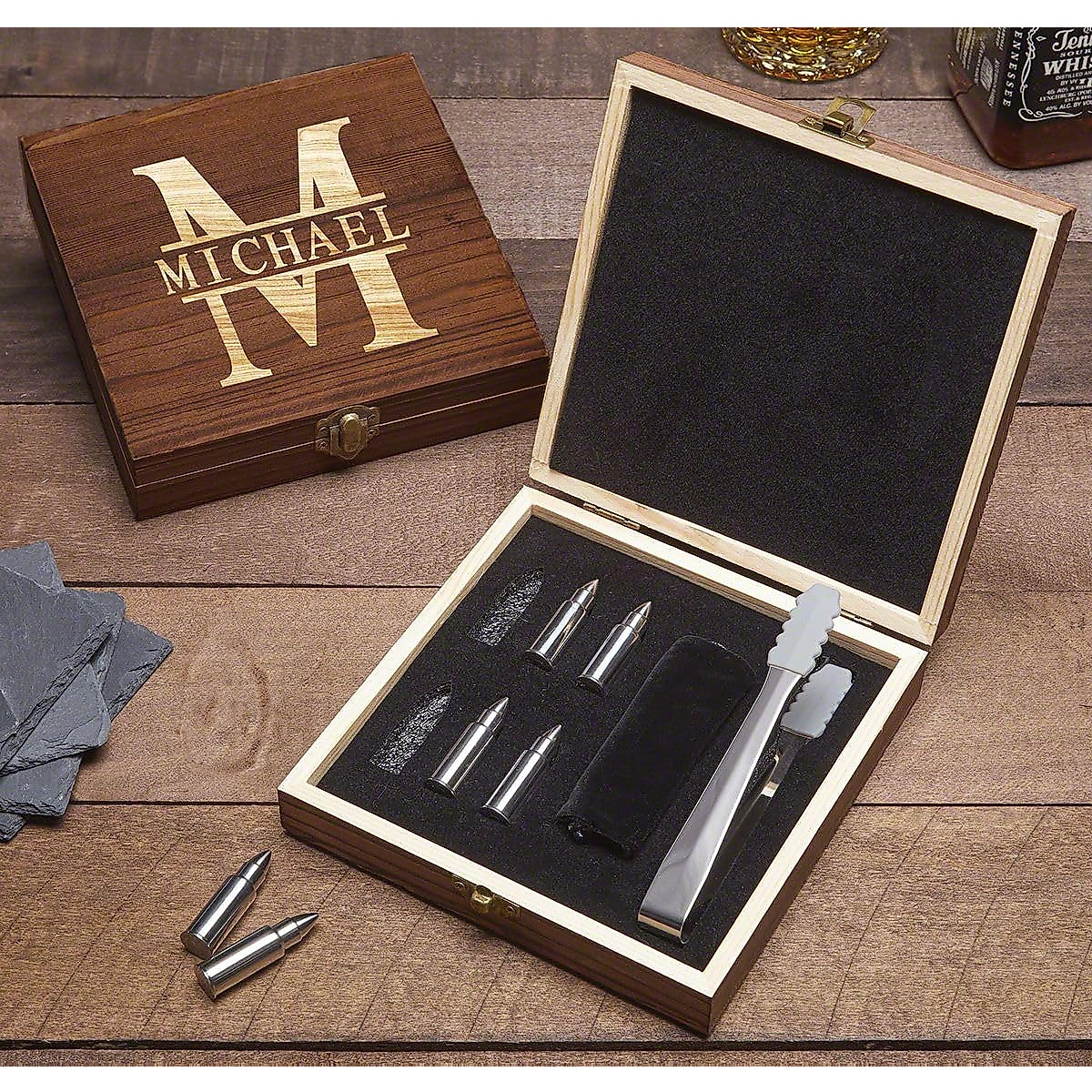 Custom Square Whiskey Glass Set with Bullet Whiskey Stones (Personalized Product)