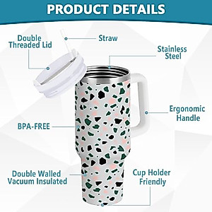 RPLIFE Trendy Terrazzo Dots Tumbler with Handle and Straw, Stainless Steel Bottle, Insulated Cups with Lids, Tumblers for Women