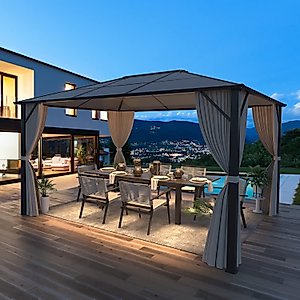 EROMMY 10' x 12' Gazebo Single Polycarbonate Roof Canopy Outdoor Aluminum Frame Permanent Pergolas with Netting and Curtains for Patio Backyard Garden Lawns Parties