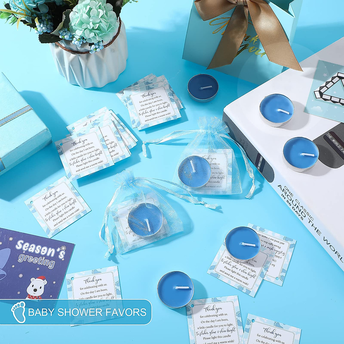 50 Sets Baby Shower Party Favors Including 50 Pcs Unscented Tealight Baby Shower Candles 50 Pcs Gift Bags 50 Pcs Baby Shower Cards for Baby Shower Gender Reveal Party Supplies (Blue)