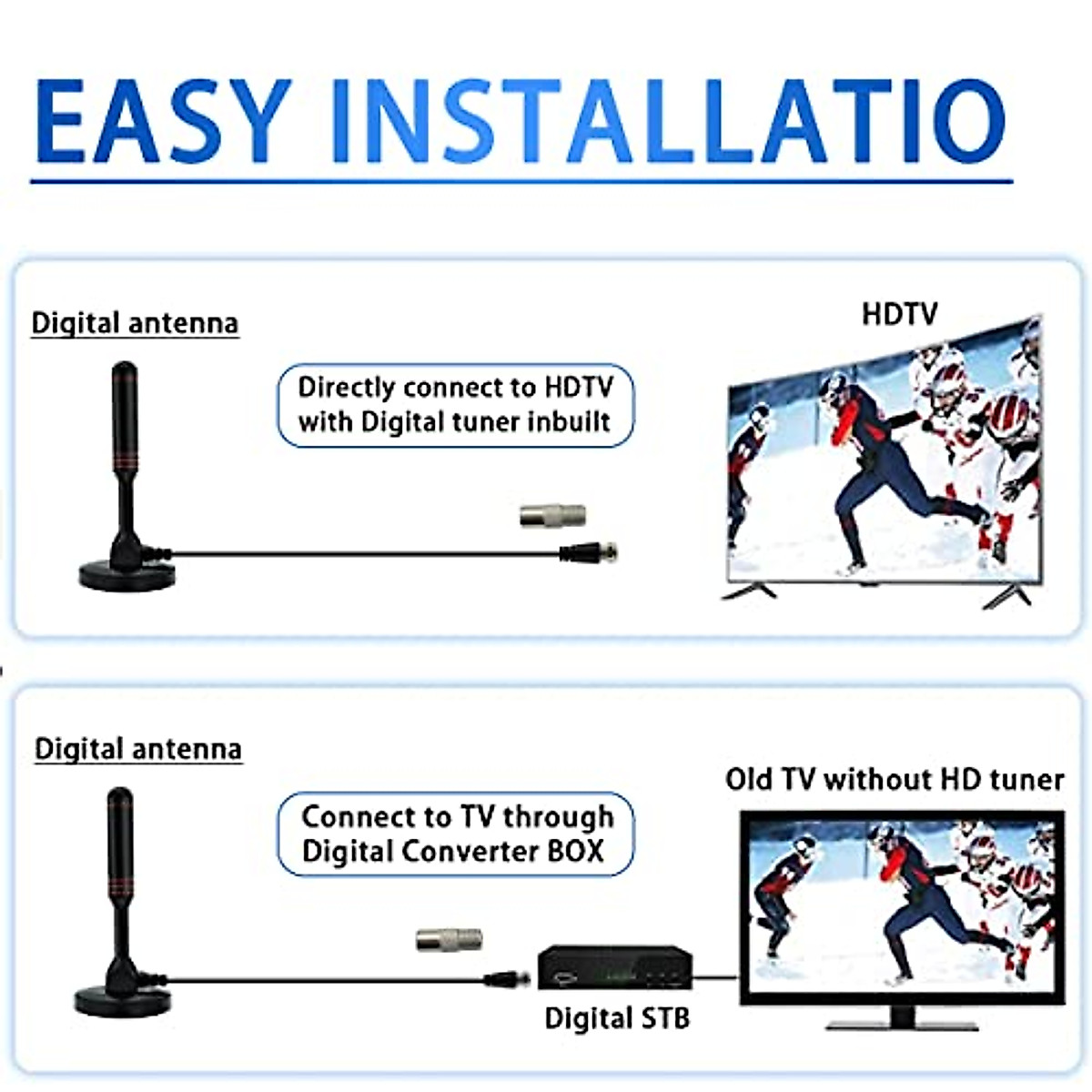 Digital HDTV Antenna - Powerful Magnetic Base - Coaxial Cable/AC Adapter - 60+ Mile Signal Reception Range - Indoor or Outdoor HDTV Antenna Support 4K 8K 1080P All TV's