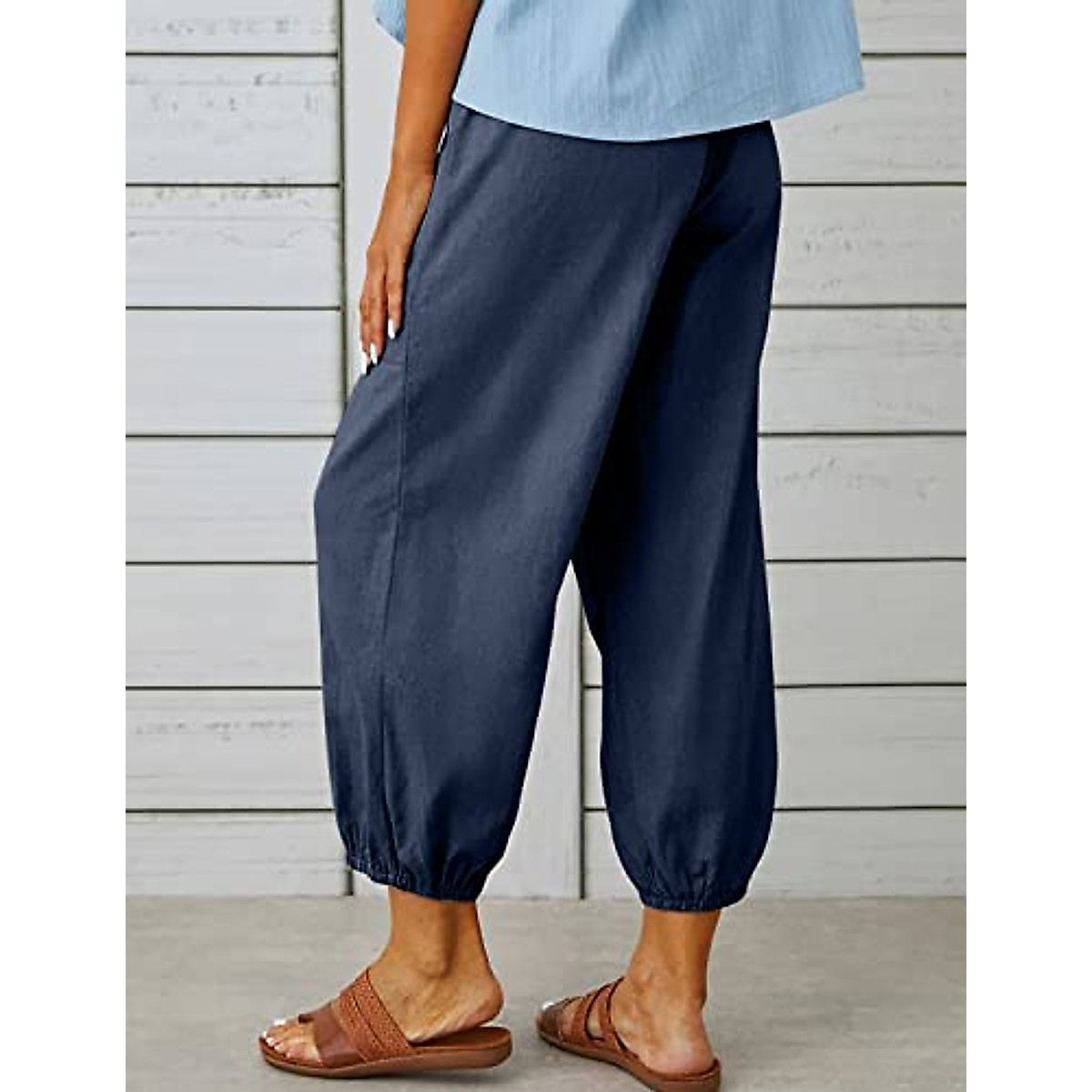 Acesulu Summer Linen High Waist Yoga Pants Drawstring Wide Leg Cropped Pants Trousers with Pockets for Women (0099-NavyBlue-XL)