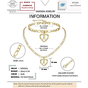 YANODA Gold Initial Pendant Necklace Anklet Bracelet for Women 14K Gold Plated Figaro Chain Letter Initial Heart Necklace Anklets Alphabet Foot Jewelry Personalized Jewelry for Women M