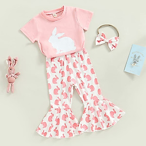 YINGISFITM Baby Girl Easter Outfit Bunny Print Short Sleeve Tee Tshirt Pants Toddler Bell Bottoms Summer Clothes 2Pcs Set (1-2T,Pink Rabbit)