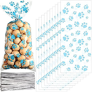 Blulu 100 Pieces Pet Paw Print Cone Cellophane Bags Heat Sealable Candy Bags Dog Paw Gift Bags Cat Treat Bags with 100 Pieces Silver Twist Ties for Pet Treat Party Favor(Blue)