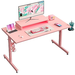 Bestier Small Gaming Desk with Monitor Stand, 42 inch LED Computer Desk, Gamer Workstation with Cup Holder & Headset Hooks, Modern Simple Style Desk for Home Office, Carbon Fiber Pink