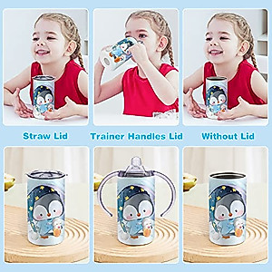 Mocaru Sublimation Sippy Cups with Handle and Lid, 12oz Sublimation Blanks Skinny Kids Tumbler with Shrink Films, Spill-Proof Stainless Steel Insulated Toddler Water Bottle Baby Straw Cups(2 Pack)