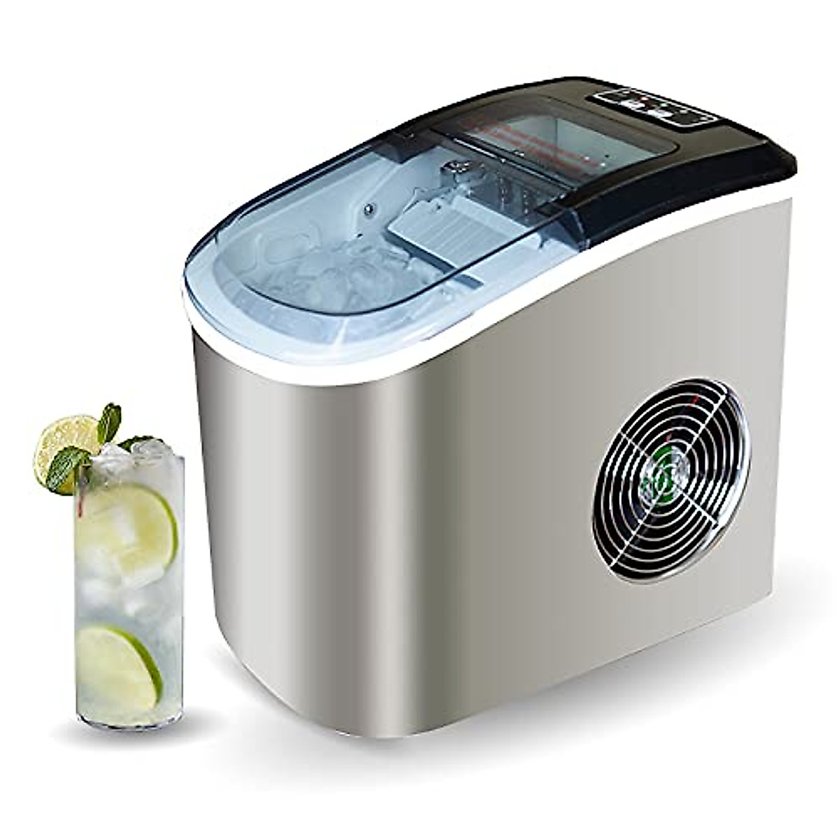 Angel Canada Stainless Steel Portable Ice Maker Compact Countertop with Panoramic View Window, Ice Cube Machine, Bullet Cubes in S/L Size 26 lb/24H for Home Office Party, Boat RV