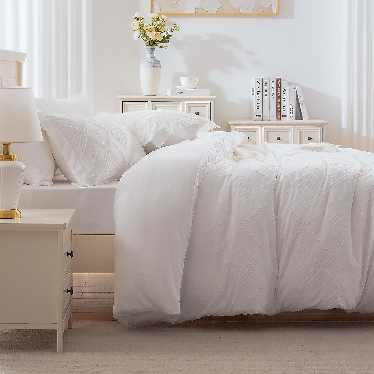 EMME White Duvet Cover Queen, Tufted Microfiber Comforter Cover Set, Textured Boho Bedding Sets Queen for All Seasons, 3 Pieces Duvet Cover Full, 1 Duvet Cover + 2 Pillowcases (White, Queen)