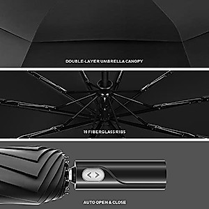 UNDERTREE Umbrella Windproof Travel Umbrella - 10-Ribs Wind Resistant Folding Umbrella - Compact Anti-UV Automatic Umbrella - Portable Waterproof Umbrella for Sun&Rain - Backpack, Purse, Car Umbrella, Black-21