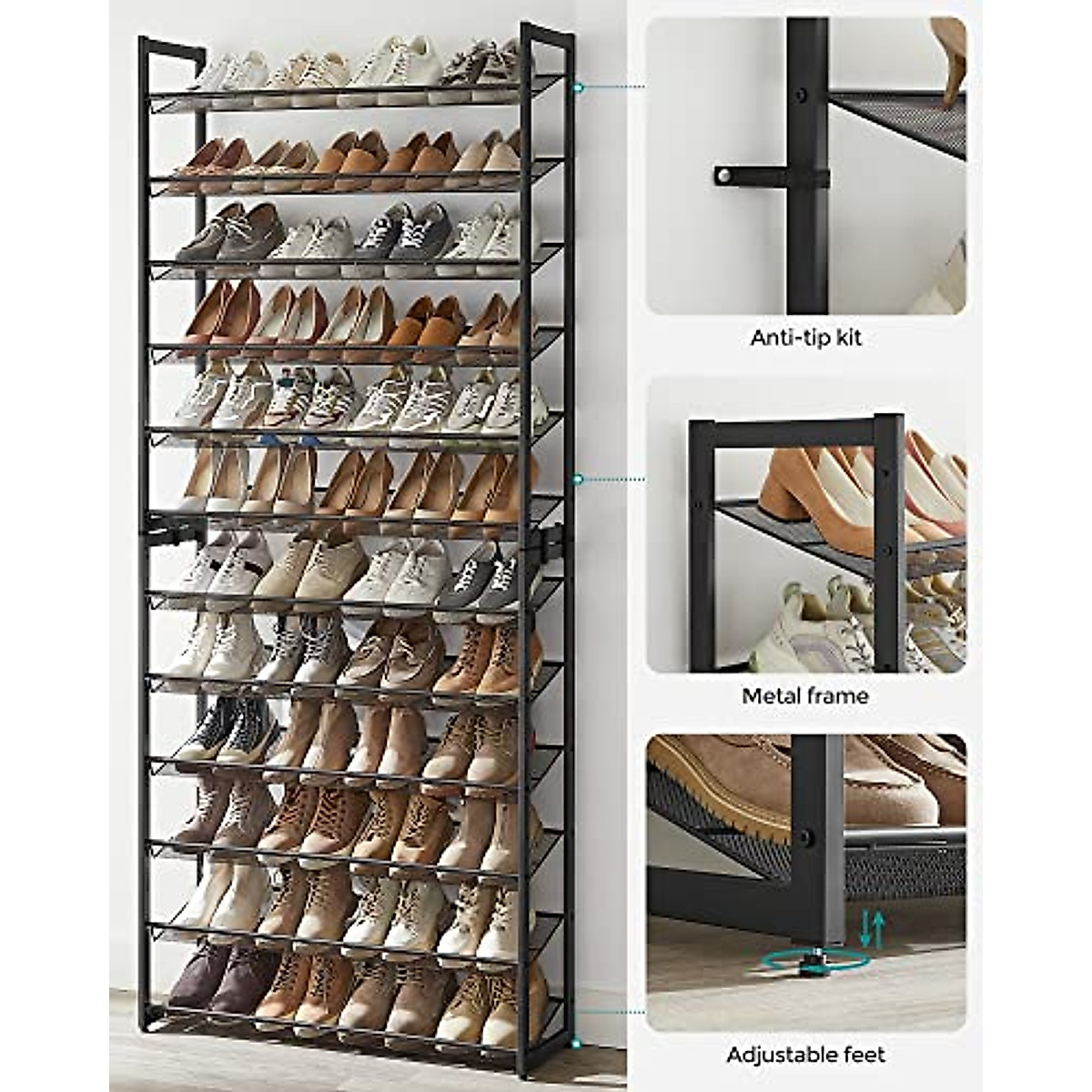 SONGMICS Shoe Rack, 12-Tier Tall Metal Shoe Storage Organizer for Closet, Entryway, Garage, Set of 2 6-Tier Big Stackable Shoes Rack Shelf, Adjustable Feet & Slanted Shelves, Holds 48-60 Pairs, Black
