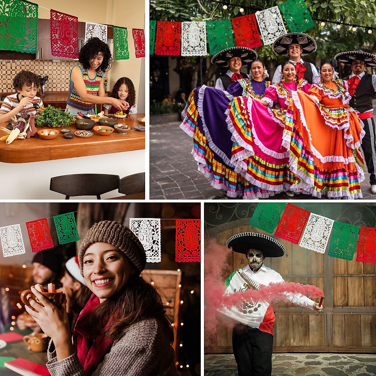 TexMex Fun Stuff - Mexican Banner Decorations, Mexican Party Decorations, Mexican Banner Papel Picado, Virgin of Guadalupe, Paper, 14 x 9 Inches per Flag, Set of 2