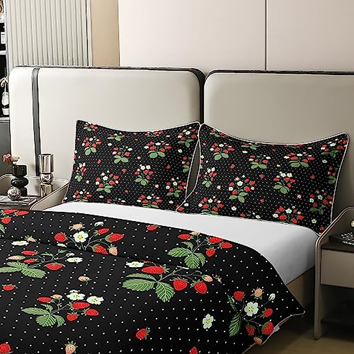Castle Fairy 100% Cotton Red Strawberry Duvet Cover Queen Sweet Fruits Bedding Set for Boys Girls Bedroom Rustic Flowers Plant Comforter Cover White Dots Simple Style Soft Breathable Quilt Cover