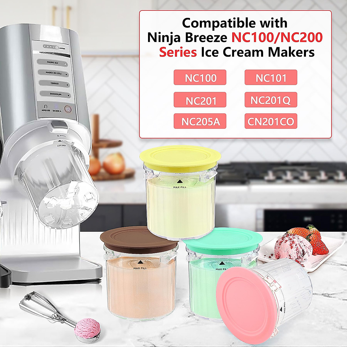 FOTRIC 16oz Ice Cream Containers Replacement for Ninja Creami Breeze Pints and Lids - 4 Pack, Compatible with NC100 NC200 NC201 CN205A Series, BPA-Free & Dishwasher Safe