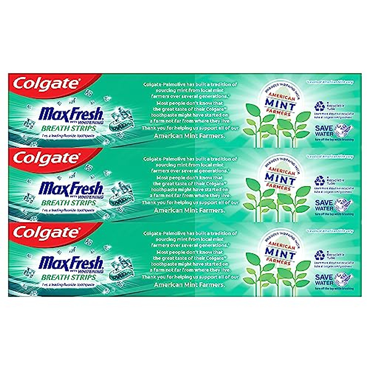 Colgate Max Fresh with Whitening Toothpaste with Mini Breath Strips, Clean Mint Toothpaste for Bad Breath, 6.3 Oz Tube. 3 Pack