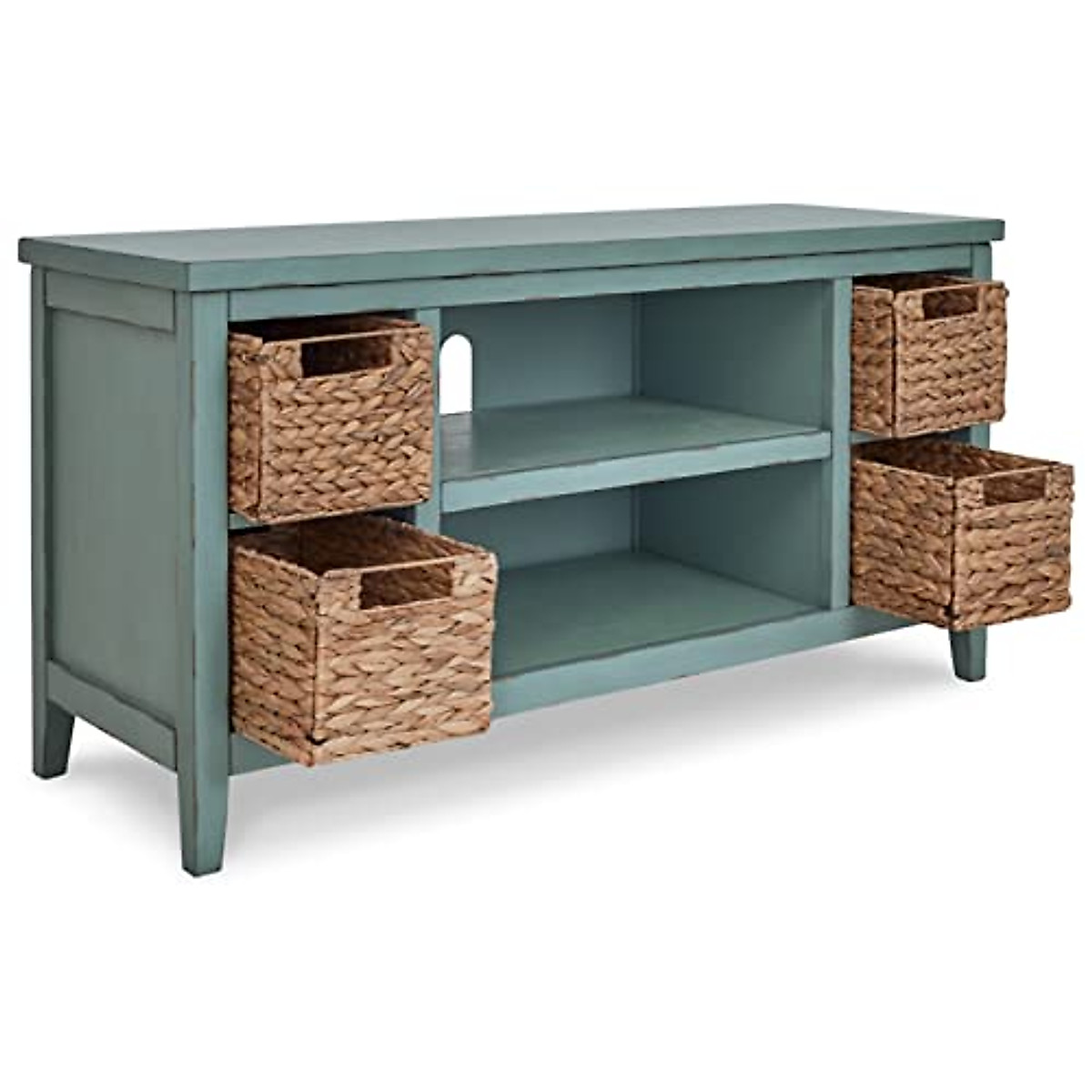 Signature Design by Ashley Mirimyn Casual TV Stand for TVs up to 54" with 4 Baskets and 3 Adjustable Shelves, Green & Light Brown
