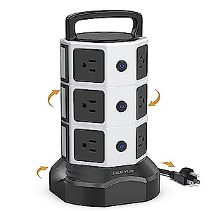 Power Strip Tower Surge Protector, JACKYLED 1625W 13A Outlet Surge Electric Tower, 12 Outlets 6 USB Ports Retractable Cord Charging Station with 16AWG 6.5ft Heavy Duty Extension Cord for Home Office