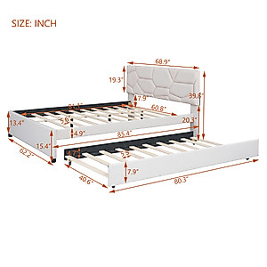 DNYN Queen Size Upholstered Platform Bed with Trundle（Twin XL） for Kids,Teen,Adult Bedroom,Solid Wood Bedframe Linen Fabric Home Furniute w/Brick Pattern Heardboard,No Box Spring Needed, Beige