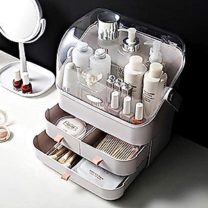 LINFIDITE Cosmetic Storage Box with Lid Makeup Organizer Box with Dust Free Cover Portable Handle,Large Makeup Display Case with Drawers Fully Open Lid,Great for Dresser Bathroom Countertop