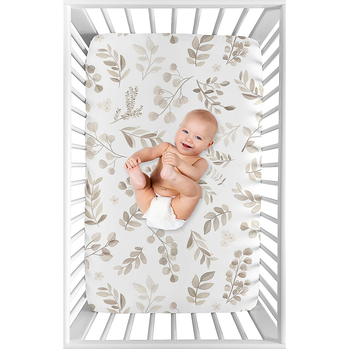 Sweet Jojo Designs Boho Botanical Leaf Boy Girl Fitted Mini Crib Sheet Baby Nursery Portable Crib Pack and Play Gender Neutral Ivory Cream Beige Tan Off White Taupe Woodland Farmhouse Floral Bohemian