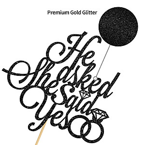 Helewilk He Asked She Said Yes Cake Topper, Groom to Be / Wedding Cake Decoration, Bridal Shower Engagement Party Party Decoration Supplies - Black Glitter
