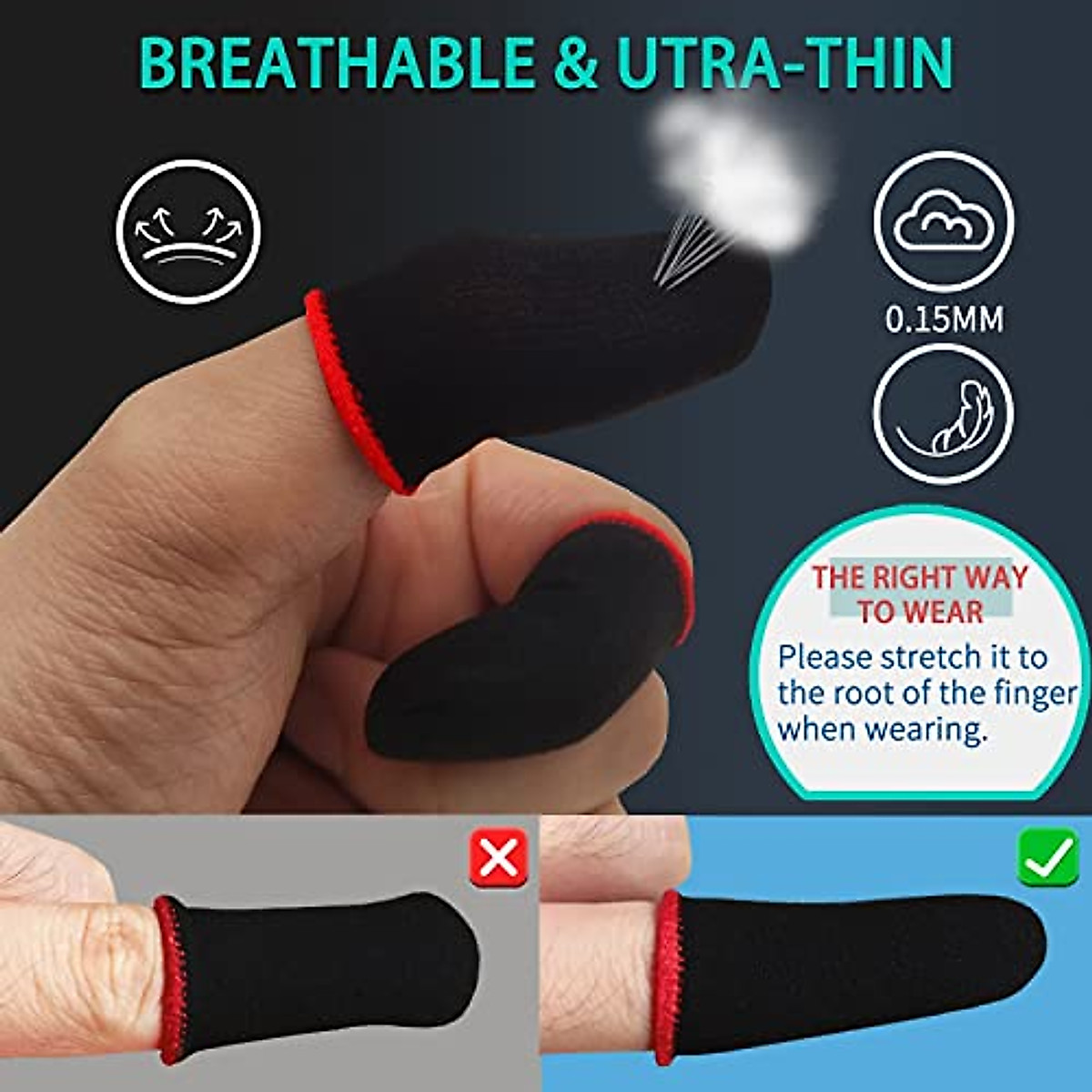 30 Pack Mobile Phone Gaming Finger Sleeves, Nuozme Finger Sleeves Fit All Touchscreen Devices, 0.15mm Nanofibers, Smooth Feel, Anti-Sweat, Extremely Thin, Zero-Seam Design,Red, Yellow and Blue Edge