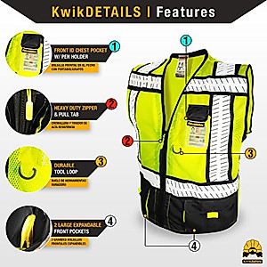 KwikSafety - Charlotte, NC - SPECIALIST Safety Vest [Multi-Use Pockets] Class 2 ANSI OSHA High Visibility Reflective Heavy Duty Solid Mesh HiVis Construction Surveyor Work Men/Black XL