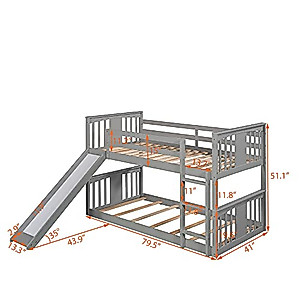 Tidyard Twin Over Twin Bunk Bed with Slide and Ladder, Wood Bed Frame Gray for Bedroom Dorm Guest Room Home Furniture