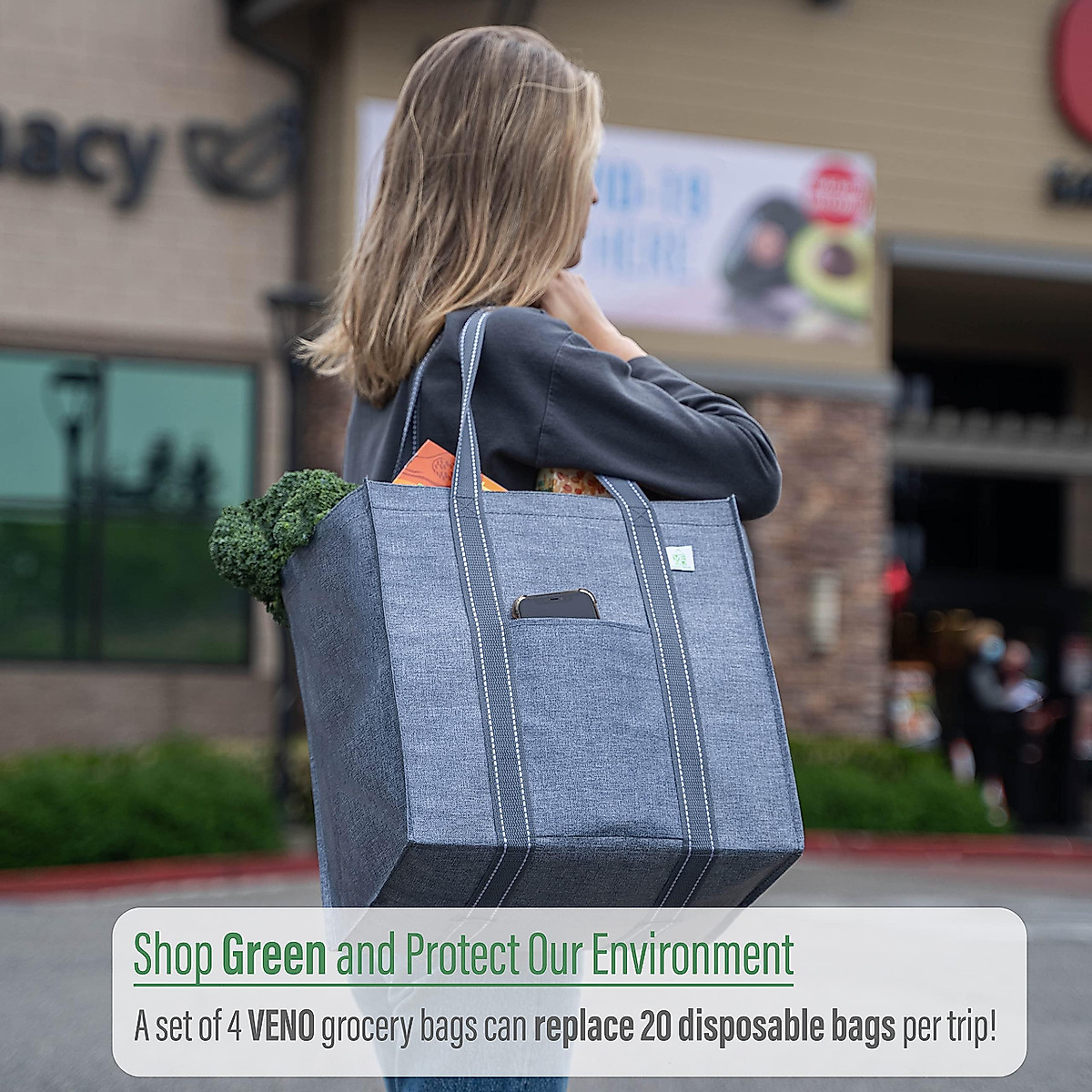 VENO 4 Pack Reusable Grocery Shopping Bag w/ Hard bottom, Foldable, Multipurpose Heavy Duty Tote, Daily Utility bag, Stands Upright, Sustainable (Set of 4, Gray)