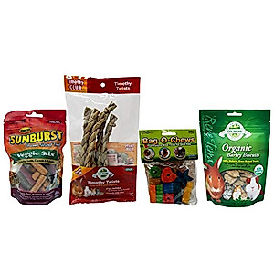 Oxbow Higgins Ware Small Animal Chews/Treats for Rabbits, Guinea Pigs, Hamsters - 4 Flavor Variety Bundle (1) Each: Veggie Stix, Timothy Twists, Bag-O-Chews, Barley Biscuits