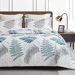 DURLENGEN Floral Quilt Set Queen Size 3Pcs, Teal & Khaki Leaves Printed on White, All Season Lightweight Coverlet Sets(Queen 90x96, Botanical Teal)