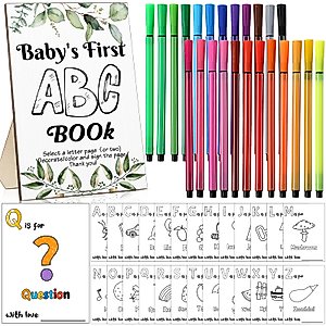 Geelin Fun Baby Shower Game Kid's ABC Book Sign 26 Coloring Game Card Alphabet A to Z Coloring Card 24 Watercolor Pen for Baby Shower Party Activities(Greenery)