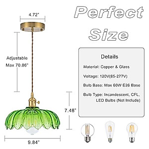 LYE Glass Pendant Light Fixture Vintage Farmhouse Retro Green Glass Golden Pendant Lighting Mid Century Modern Copper Green Glass Pendant Light for Kitchen Island, Dining Room, Bar, Bedroom
